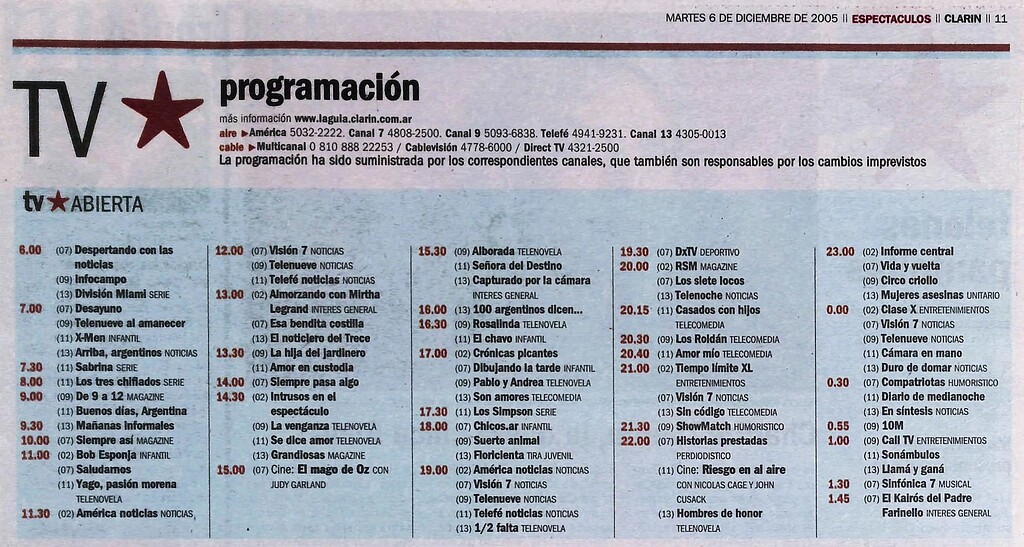 Programación TV Buenos Aires: Martes 6 de diciembre de 2005 ...